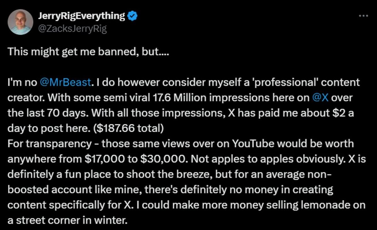 Tech YouTuber JerryRigEverything goes off at X for paying just $60 a ...