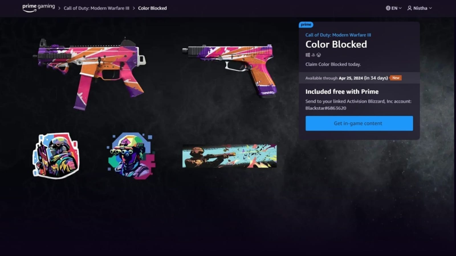 Warzone and MW3 new free Prime Gaming bundle Color Blocked: How to get, what's included, and more