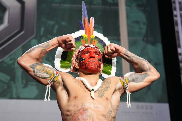 What does Alex Pereira's face paint and headdress symbolize?