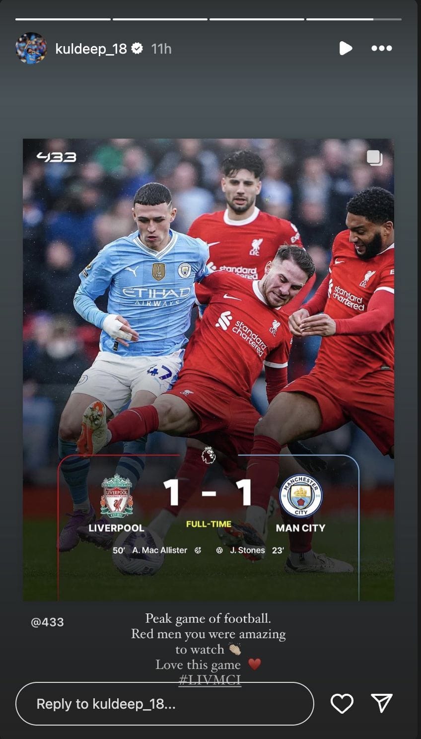 "Red men, you were amazing" - Kuldeep Yadav says Liverpool vs Man City was a 'peak game of football'