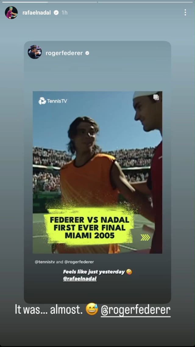 "Almost" - Rafael Nadal reacts to Roger Federer saying their first-ever ...