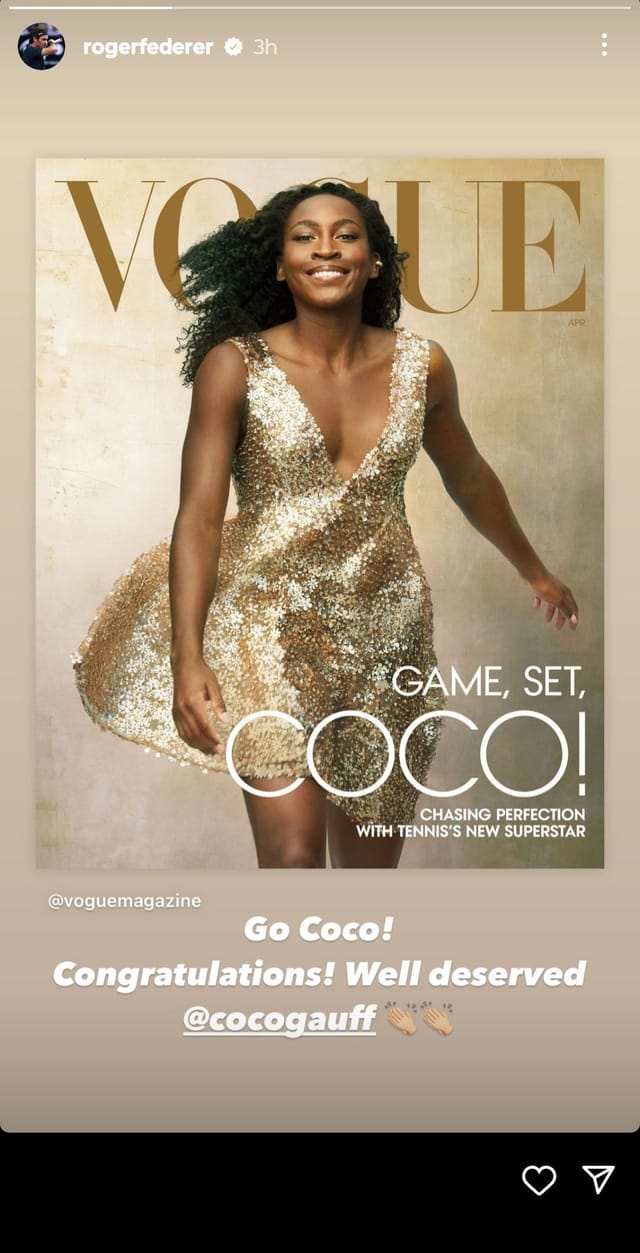 Roger Federer reacts to Coco Gauff's new cover shoot for Vogue