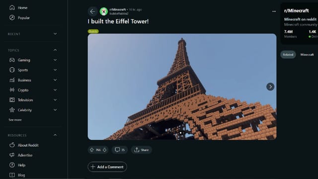 Minecraft player builds Eiffel Tower using mud bricks