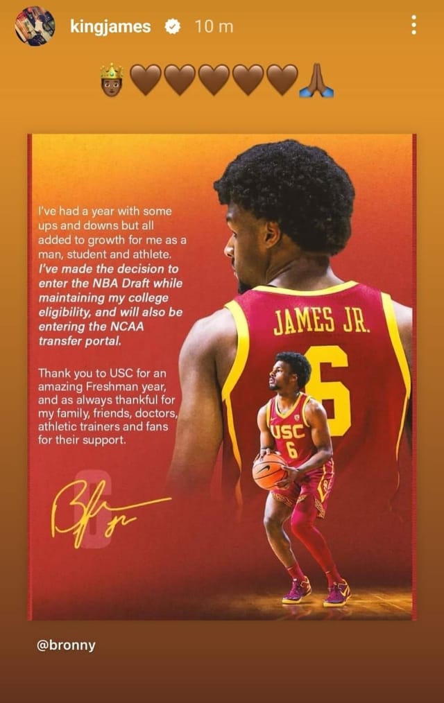 LeBron James anoints Bronny James the "prince" after NBA draft declaration