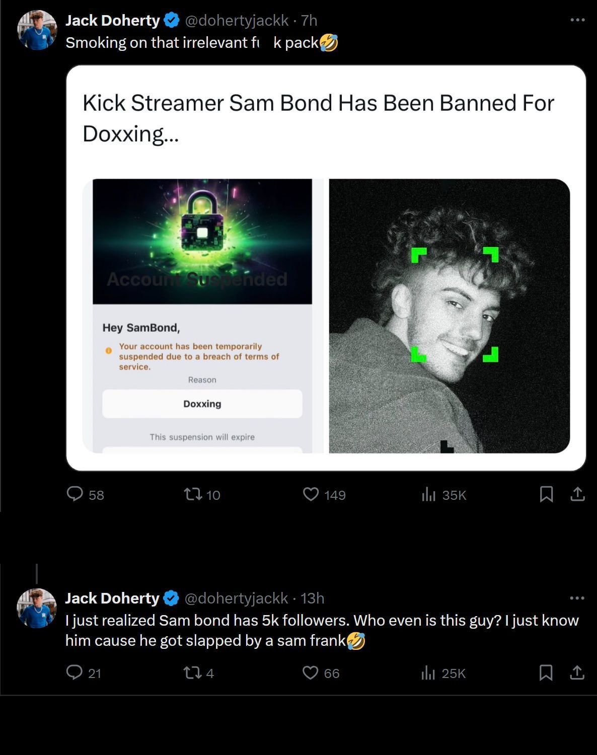 "This is a false ban": Jack Doherty claims he did not dox Sam Bond ...