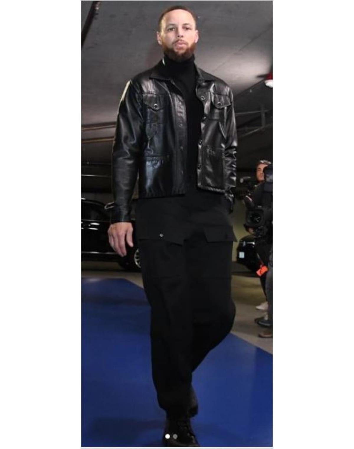 In Photos: Steph Curry rocks $1,500 leather jacket adding flair to his all-black outfit ahead of ...