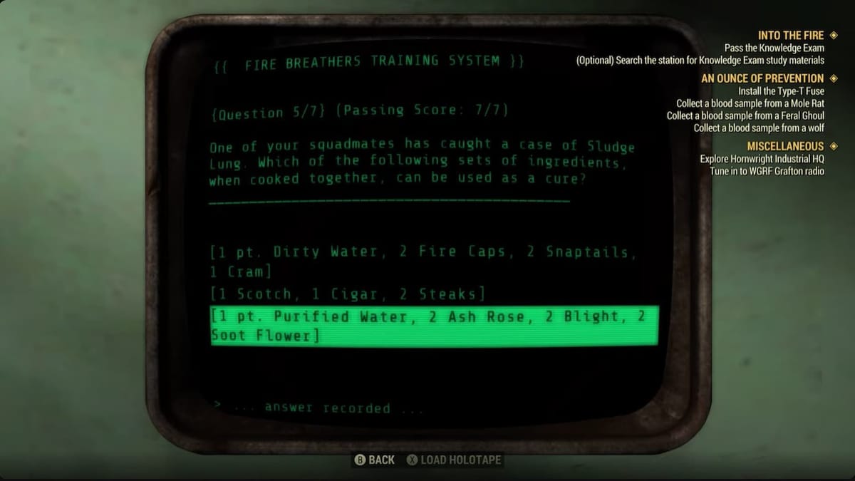 All correct answers for Fallout 76 Fire Breather exam