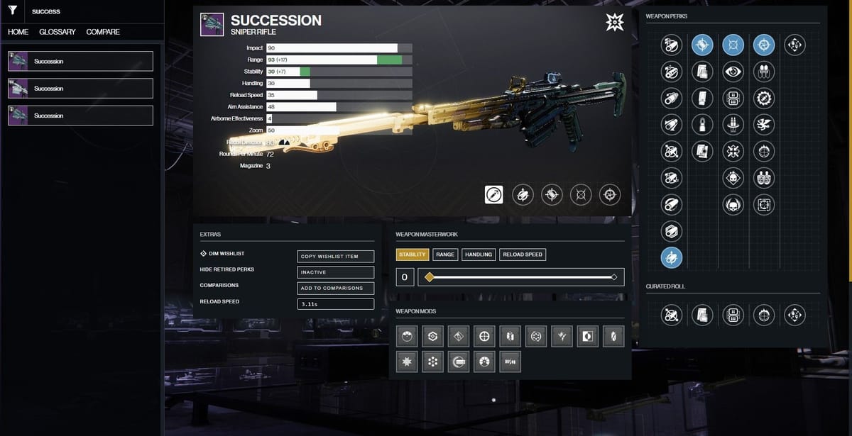 Succession god roll guide for Destiny 2 PvE and PvP