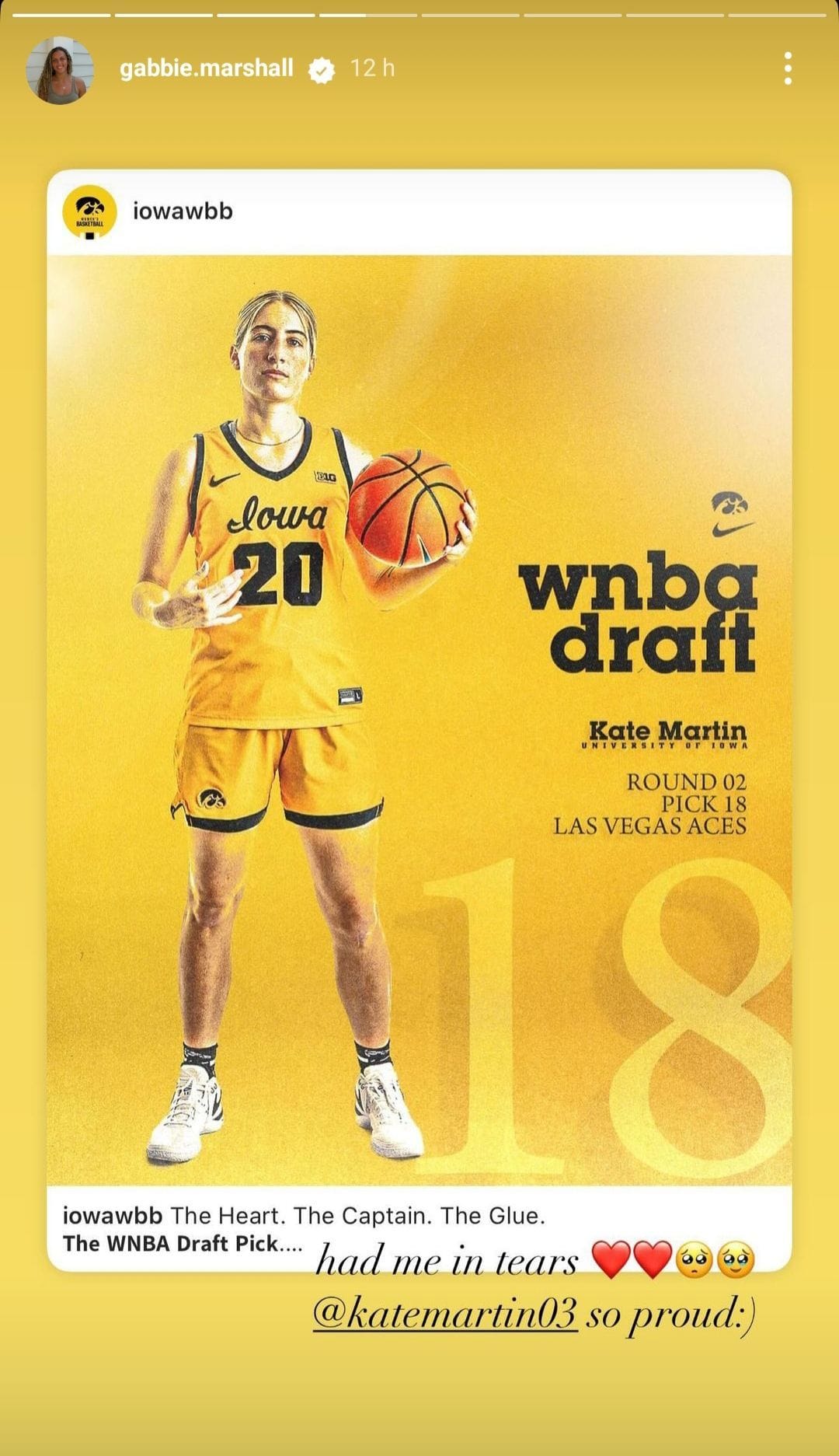 Iowa star Gabbie Marshall has emotional reaction to teammate Kate ...