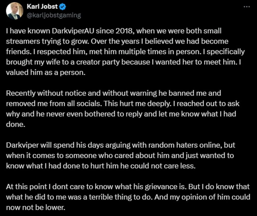 Karl Jobst vs. DarkViperAU controversy: Everything that has happened so far