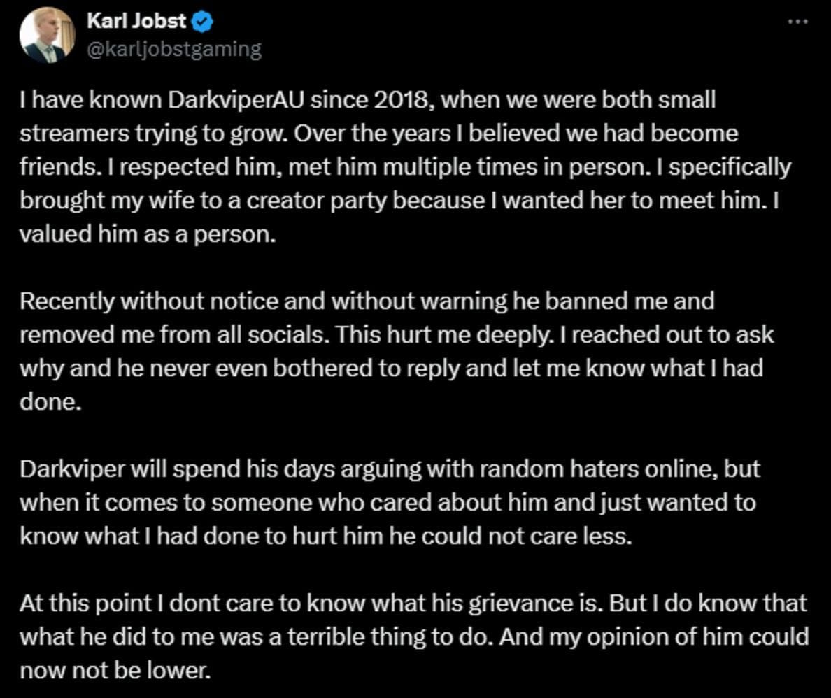 Karl Jobst vs. DarkViperAU controversy: Everything that has happened so far