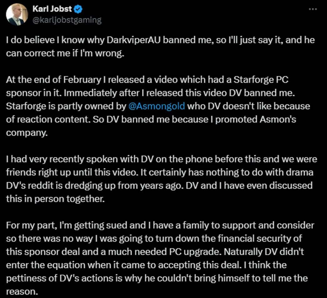 Karl Jobst vs. DarkViperAU controversy: Everything that has happened so far