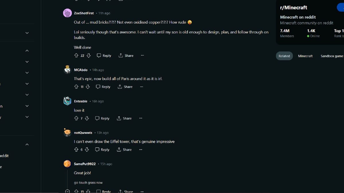 Minecraft player builds Eiffel Tower using mud bricks