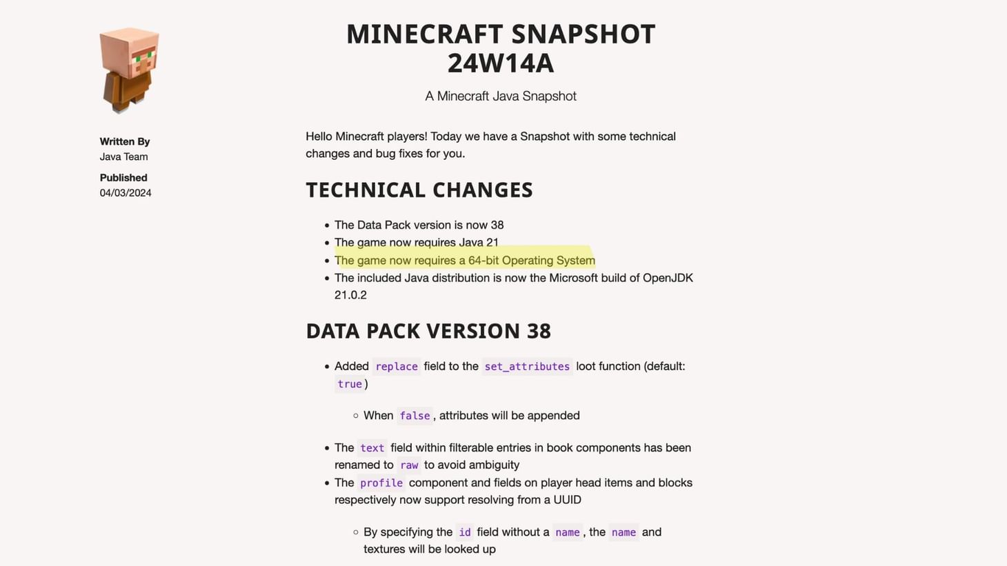 Minecraft Java Edition ends support for 32-bit operating systems