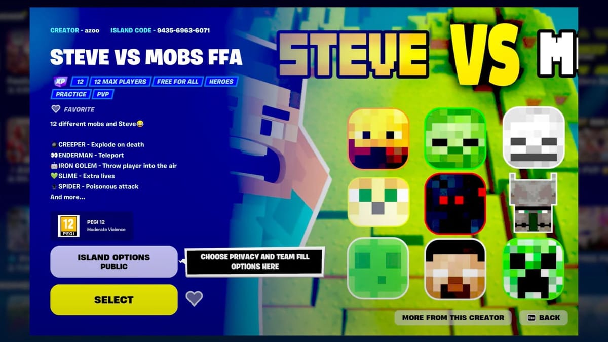 Fortnite Steve VS Mobs: UEFN map code, how to play, and more