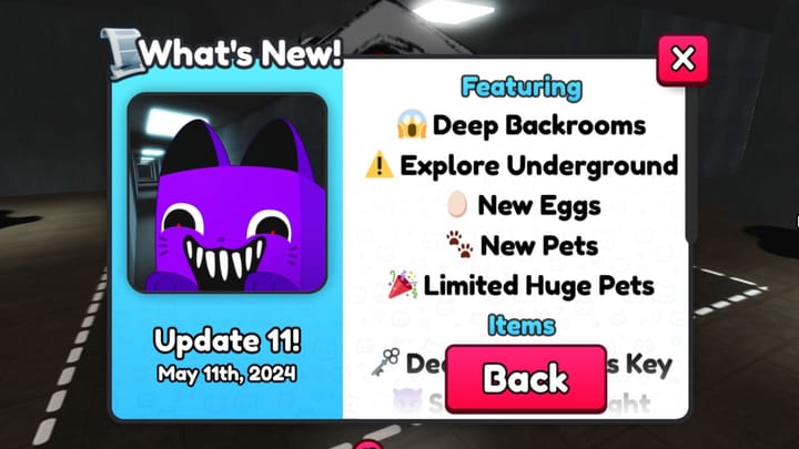 Pet Simulator 99 Update 11: Deep Backrooms, New Limited Huge Pets, and more