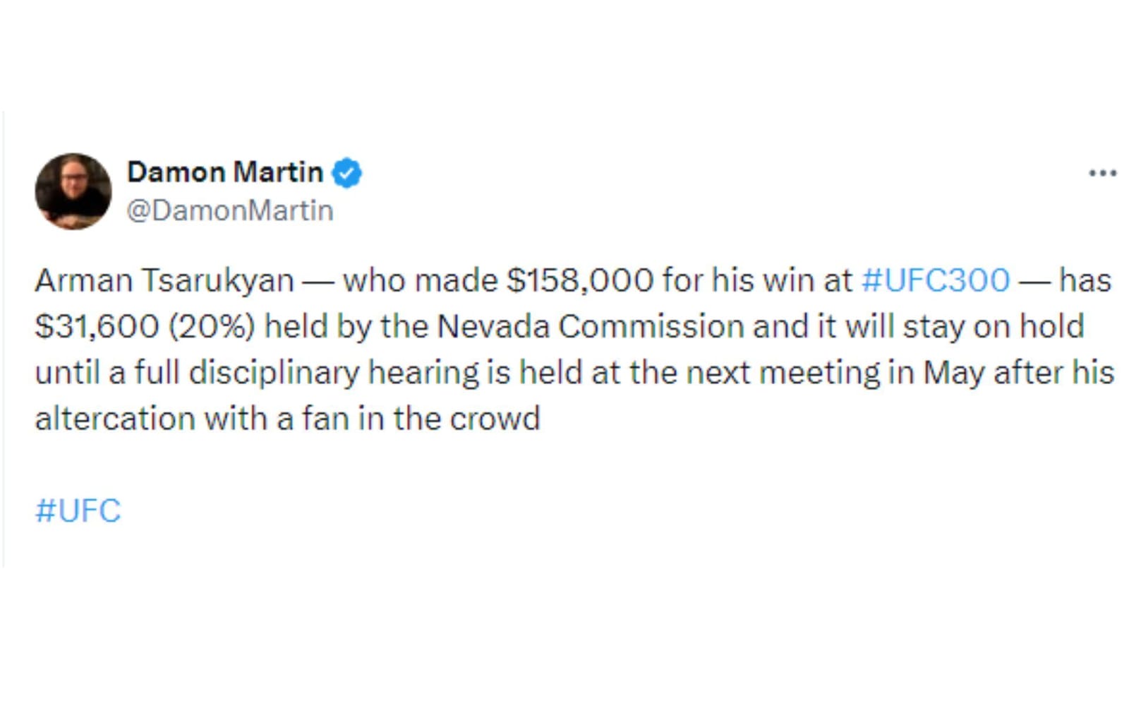 UFC 300: NSAC withholds 20% of Arman Tsarukyan's UFC 300 purse for ...