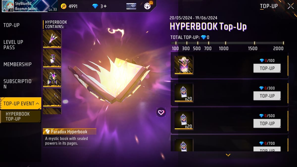 Free Fire Hyperbook Top-Up event: Paradox Hyperbook, Tokens, and more