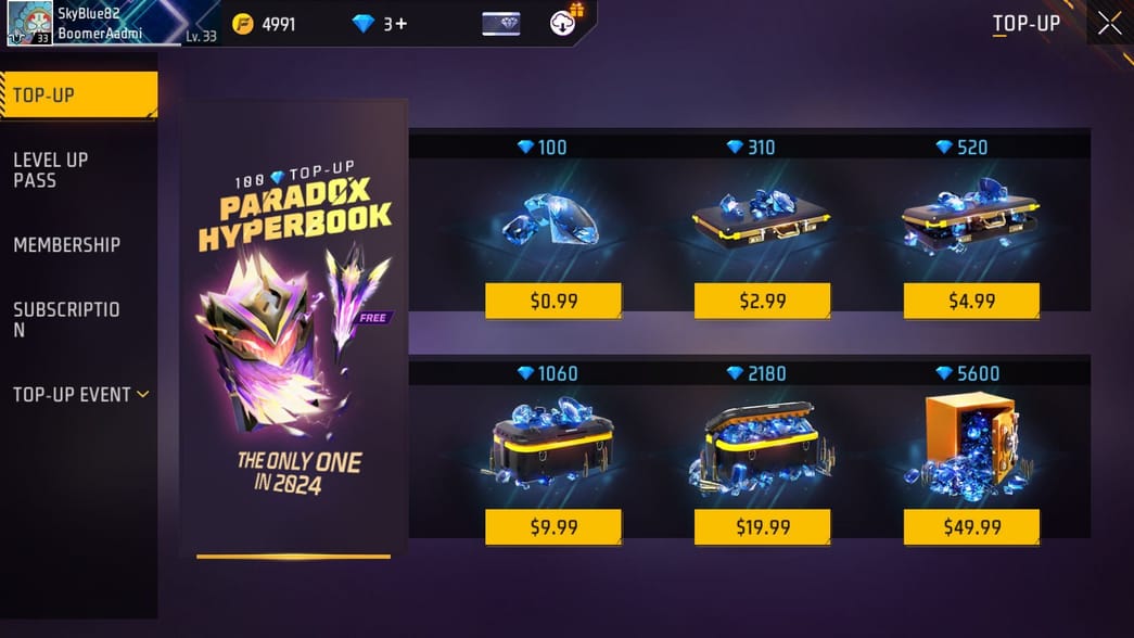 Free Fire Hyperbook Top-Up event: Paradox Hyperbook, Tokens, and more