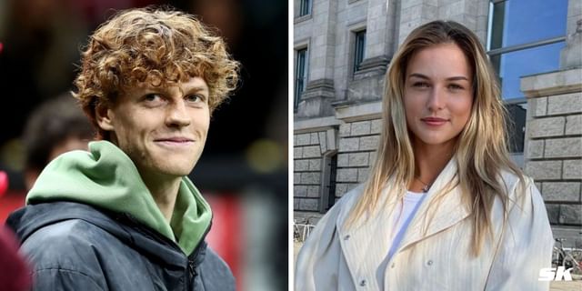 Jannik Sinner meets up with Anna Kalinskaya on court between practice sessions as the pair ...