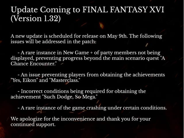 Final Fantasy 16 update 1.32 will address several bugs and errors ...