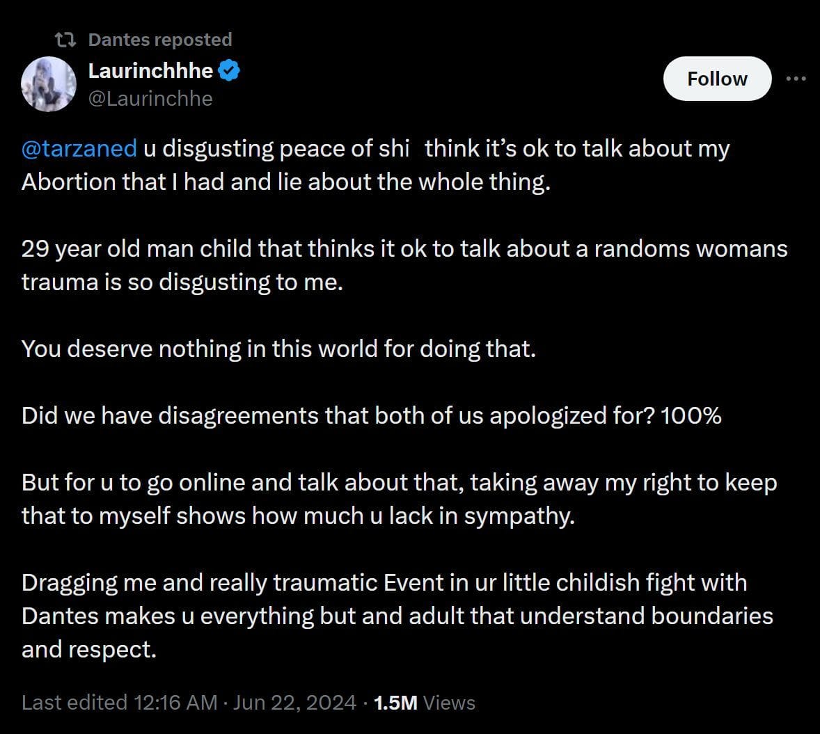 Twitch streamers Dantes and Laurinchhhe slam Tarzaned for abortion leak