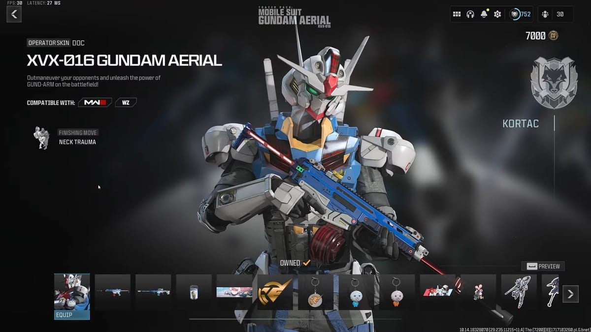 Mobile Suit Gundam Aerial XVX-016 Tracer Pack in MW3 and Warzone: Price ...