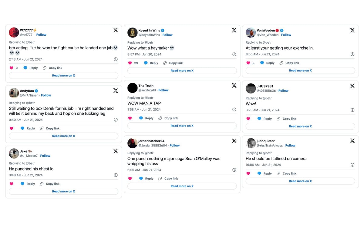 MMA fans have a field day on X as Betr's Derek manages to land a "love ...