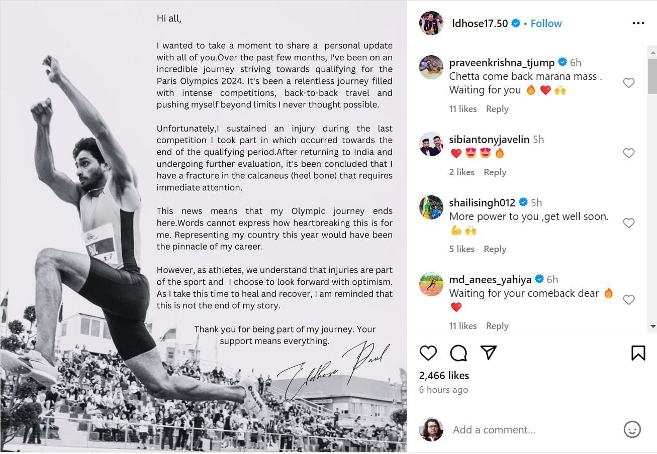 "Waiting for your comeback": Supportive messages flood in as triple jumper Eldhose Paul is ...