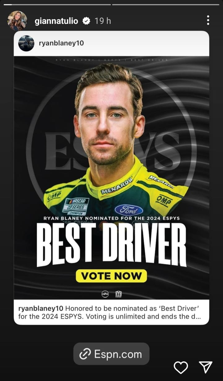 Gianna Tulio urges NASCAR fans to vote for Ryan Blaney for ESPY’s Best ...