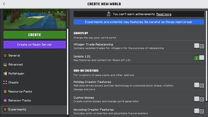 How to turn on experimental gameplay in Minecraft
