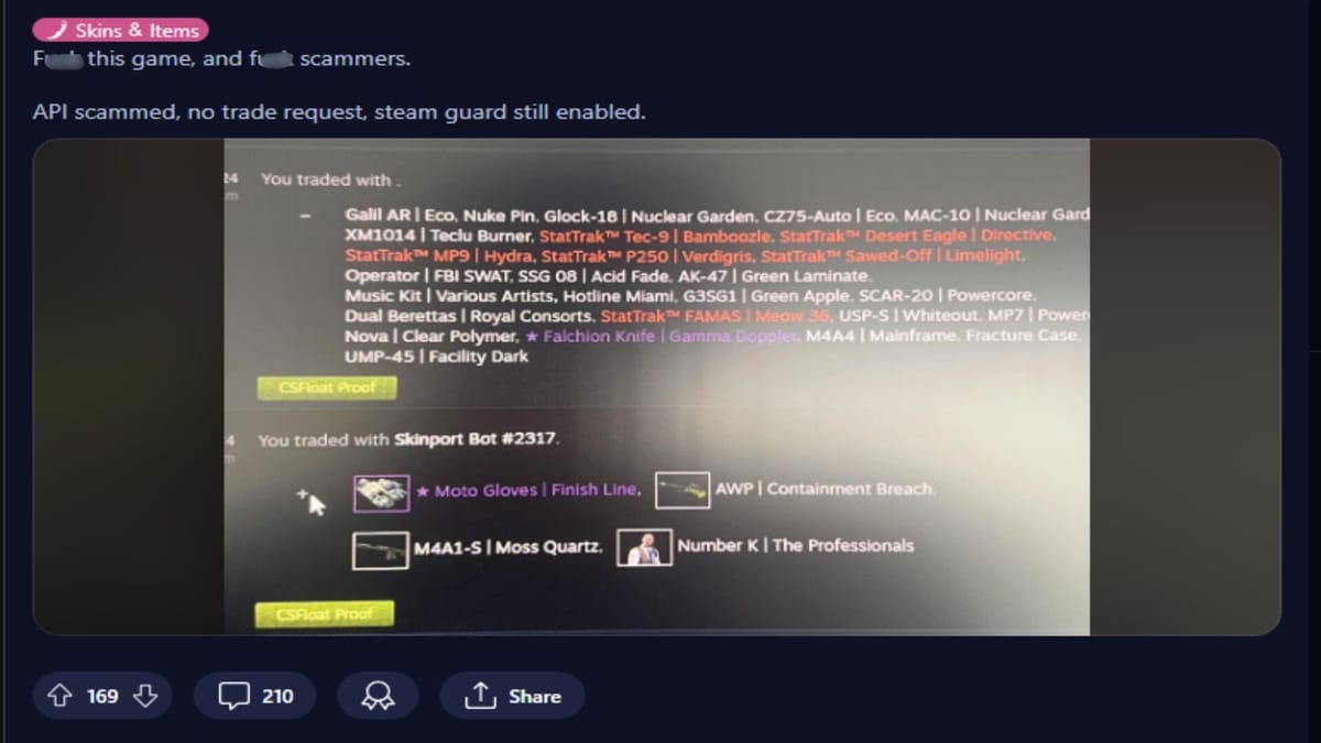 "F*** this game": CS2 player loses over $2000 worth skins to API scam