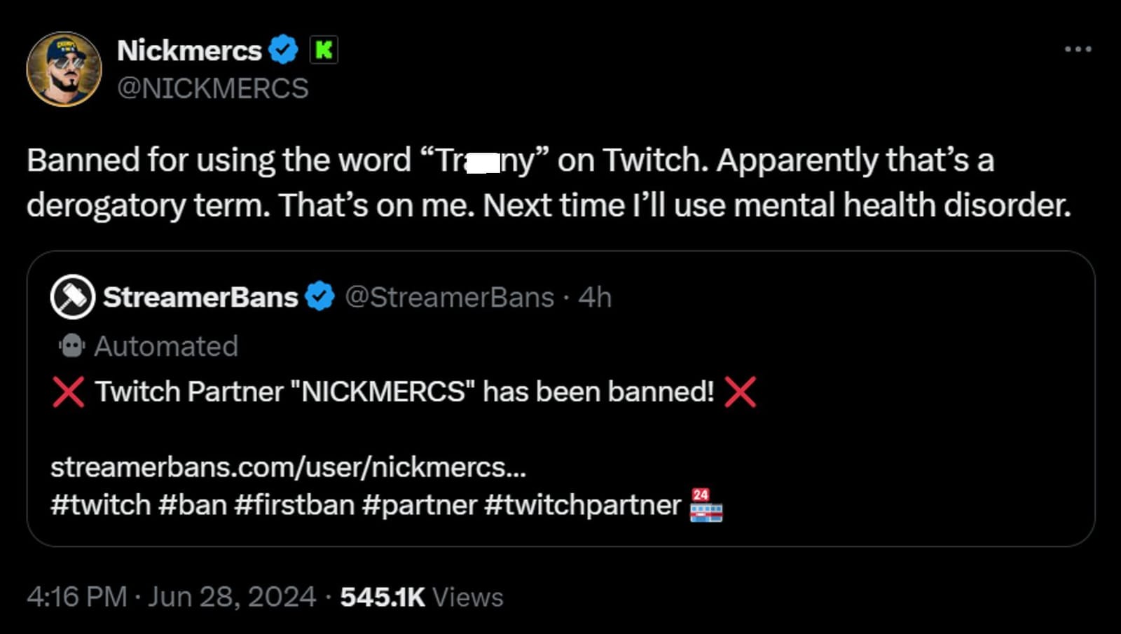 Nickmercs claims he got banned on Twitch for using the word "tr**ny"