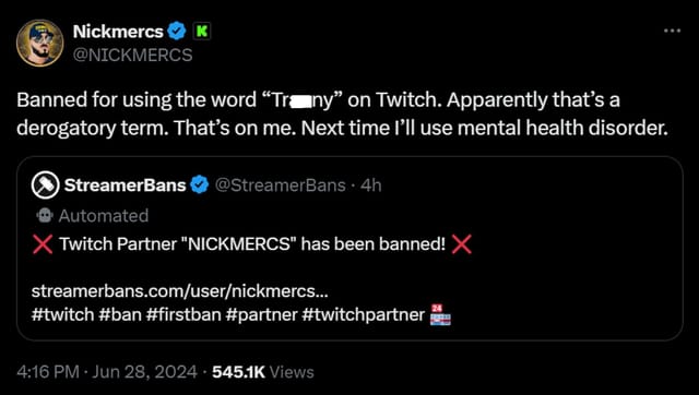 Nickmercs claims he got banned on Twitch for using the word "tr**ny"