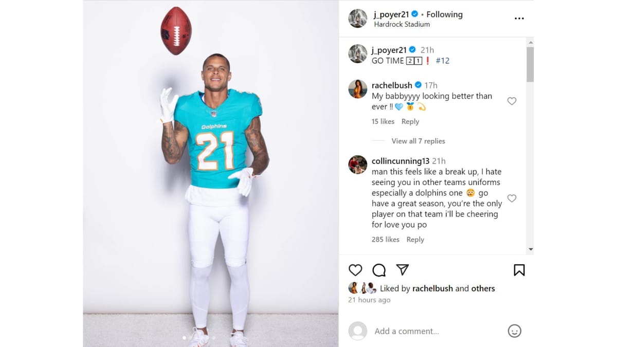 Dolphins star Jordan Poyer's wife Rachel Bush cheers on as safety gears ...