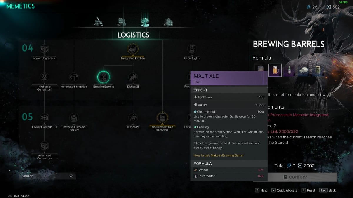 All Brewing Barrel recipes in Once Human