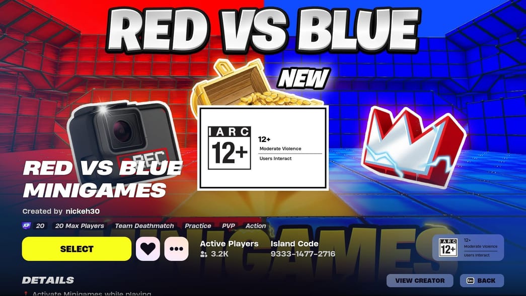 Fortnite Red vs Blue Minigames: UEFN map code, how to play, and more