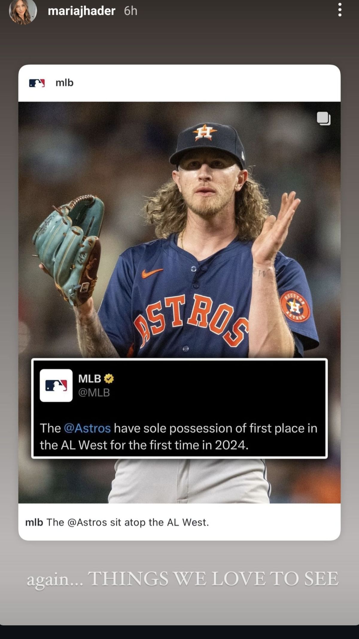 Josh Hader's wife Maria reacts to Astros leading NL West for the first ...