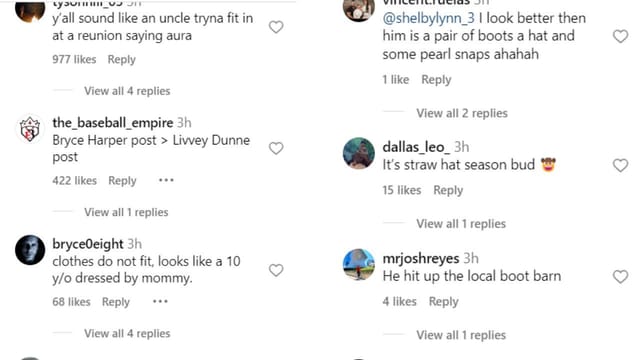 "Bryce Harper post>Livvy Dunne post"; "Looks like a 10 y/o dressed by ...