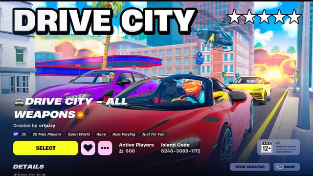 Fortnite Drive City all weapons: UEFN map code, how to play, and more