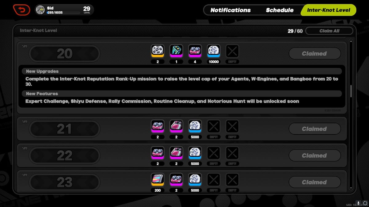 Zenless Zone Zero Inter-Knot level rewards