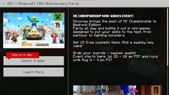 MCC x Minecraft 15th Anniversary Party event is set to start today