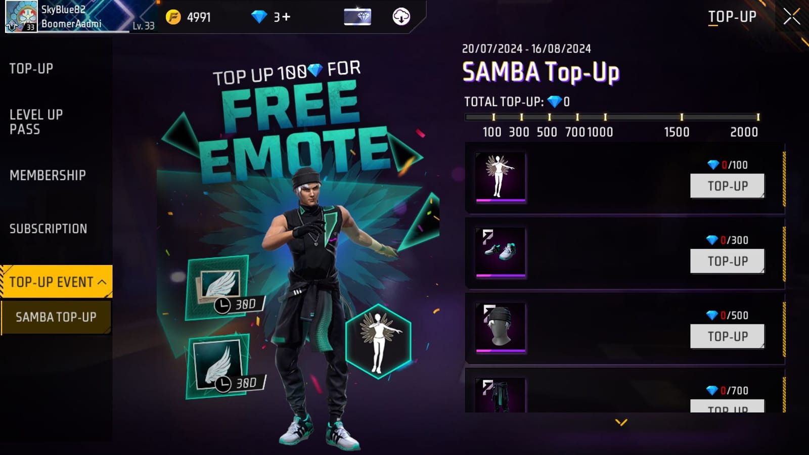 Free Fire Top-Up event: Samba Emote, Urban Contrast Bundle, and more