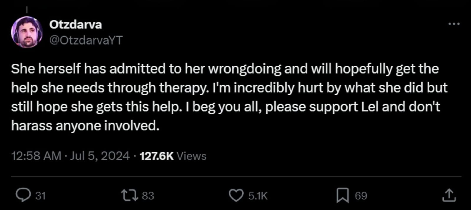 "She herself has admitted to her wrongdoing" - Twitch streamer Otzdarva ...