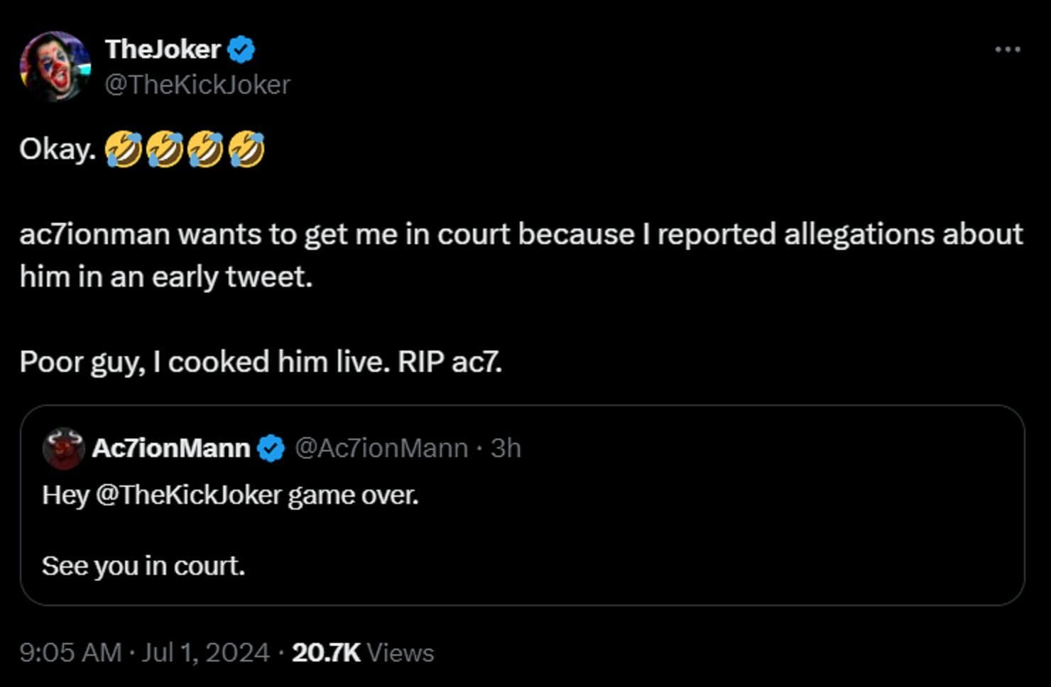 Kick streamer Ac7ionMan threatens legal action against TheJoker ...