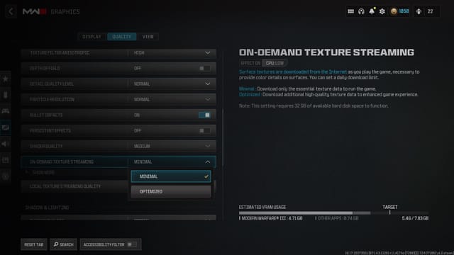 Best On-Demand Texture Streaming setting in MW3 and Warzone
