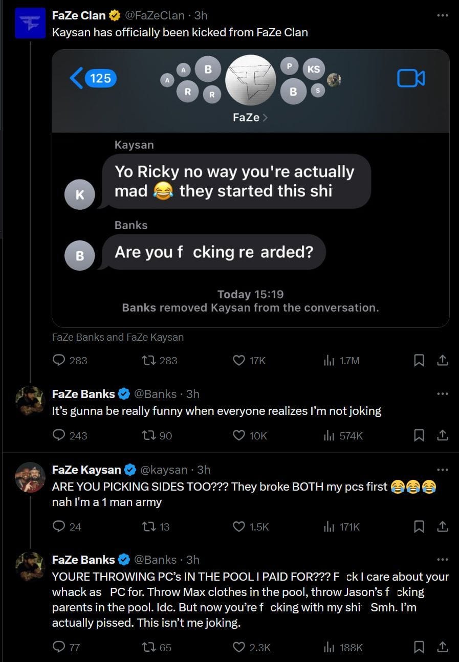 FaZe Banks says says he is kicking Kaysan out of FaZe Clan after he ...