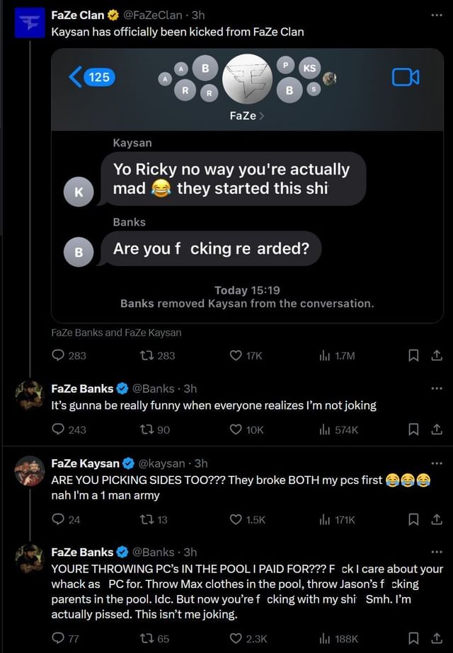 FaZe Banks says says he is kicking Kaysan out of FaZe Clan after he threw Plaqueboymax's PC in pool