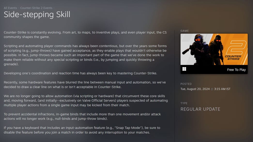 Why did CS2 ban Snap Tap? Latest update explained
