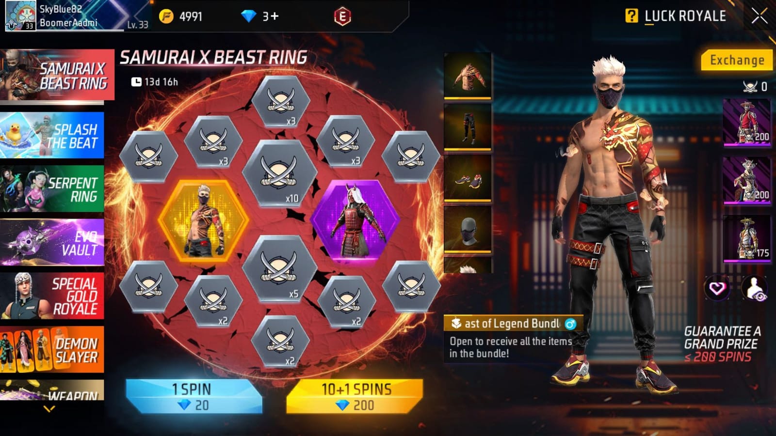 Free Fire Samurai x Beast Ring rewards: Beast of the Legend Bundle, Zombified Samurai Bundle ...